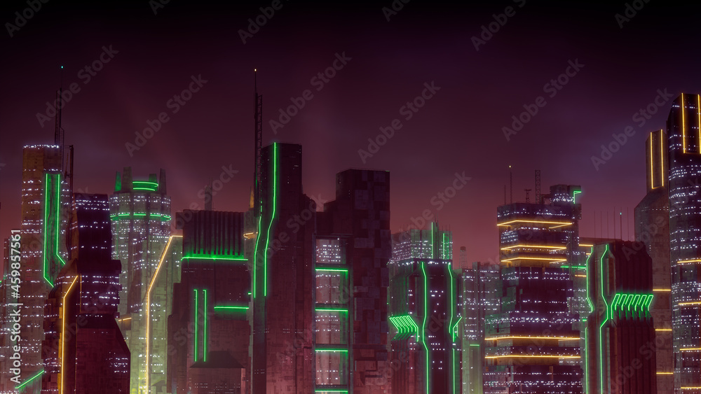 Sci-fi Metropolis with Orange and Green Neon lights. Night scene with ...