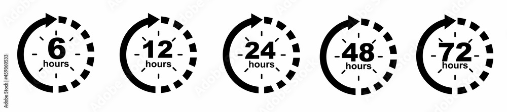 6, 12, 24, 48, 72 hours clock arrow. symbol work time, delivery and ...