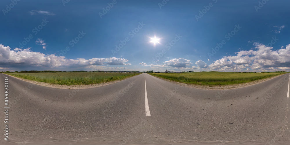 360 seamless hdri panorama view on asphalt road among fields in summer ...