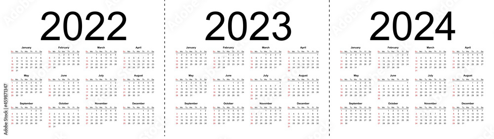 Simple editable vector calendars for year 2022 2023 2024. Week starts ...