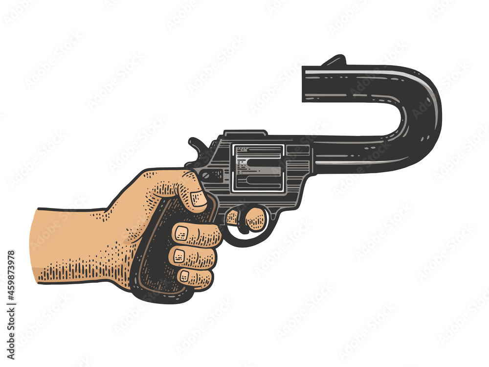 absurd revolver with a curved barrel pointing back color sketch ...
