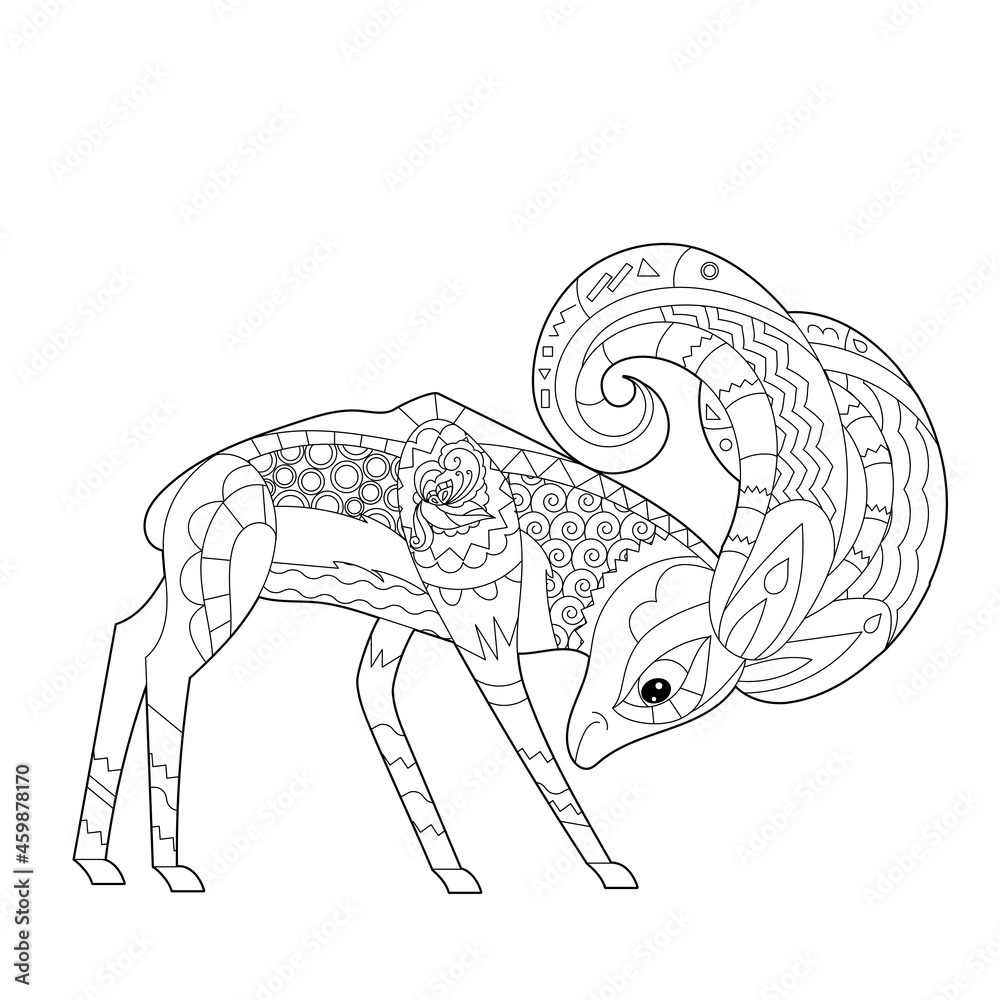 Cute animal bighorn. Doodle style, black and white background. Funny ...