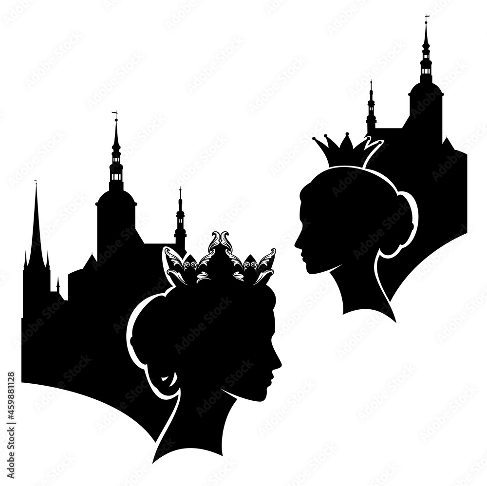 Vetor de fairy tale medieval queen or princess profile head silhouette ...