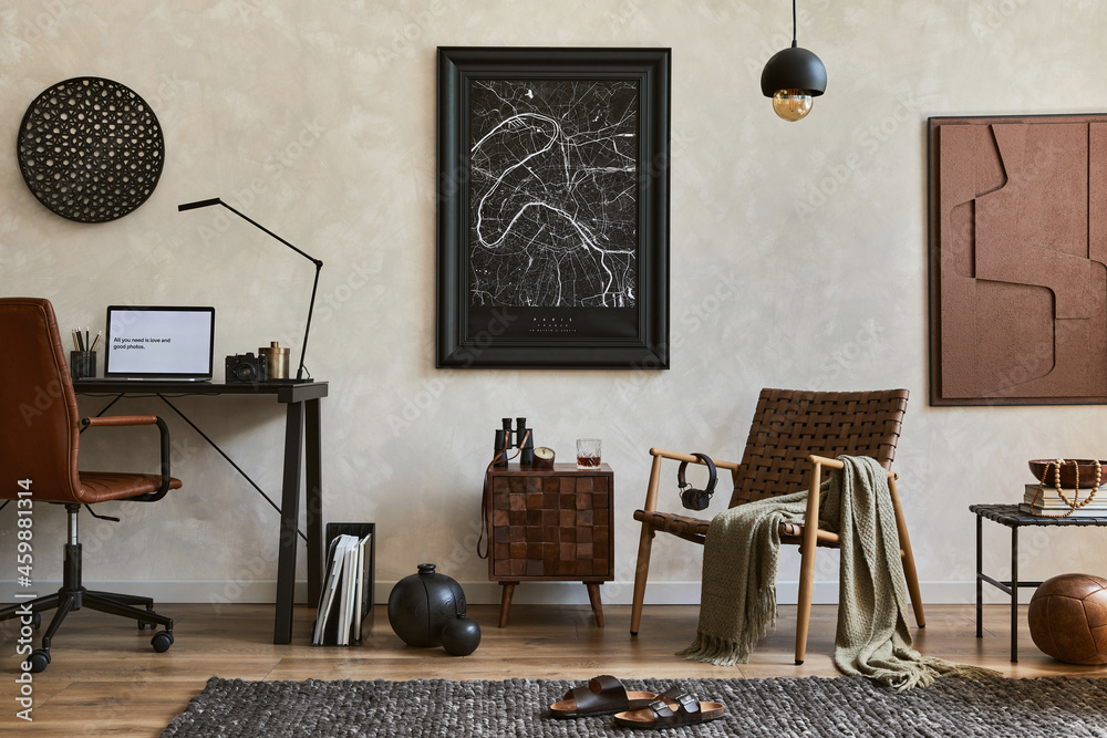 Poster Print Creative composition of elegant masculine home office interior with mock up poster frame brown armchair industrial office desk and