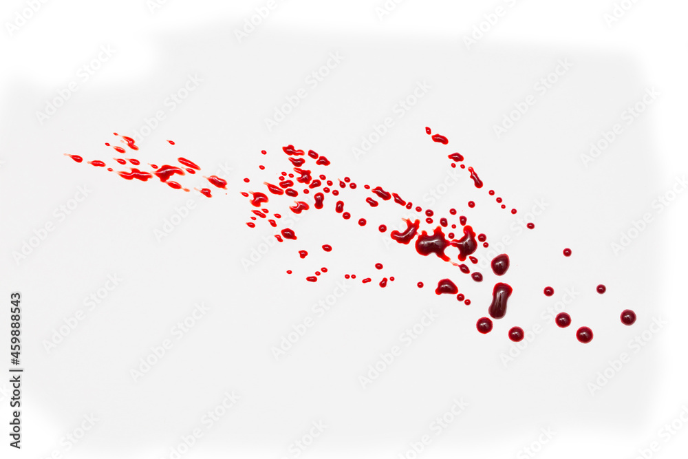 Drops of blood staining spots on a white background, medecine, drug ...