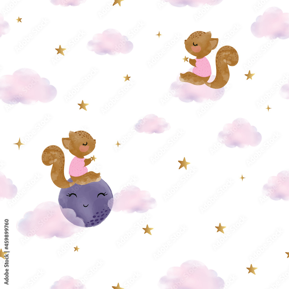 Seamless pattern, cute squirrel on the moon with stars, watercolor ...