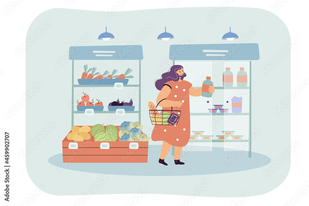 Female cartoon customer choosing goods in supermarket. Fruit and ...
