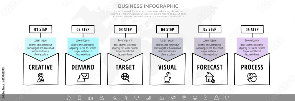 Hand-drawn vector infographics with six icons. Modern timeline template ...