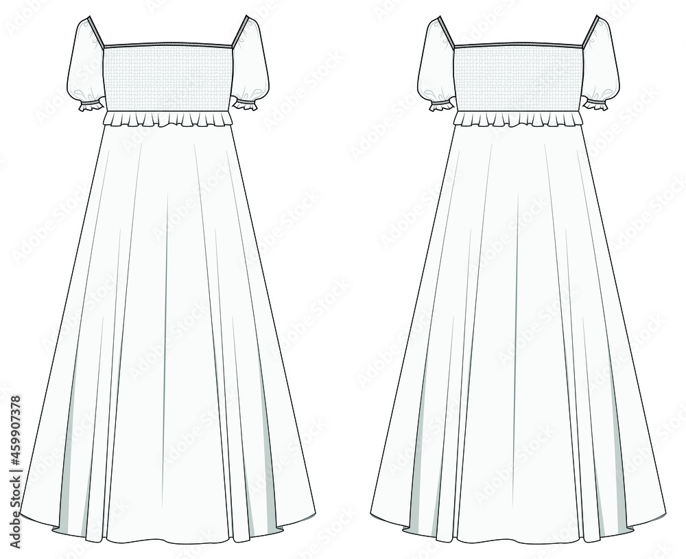 Puff Sleeve Smocked Dress Front and Back View. fashion illustration ...