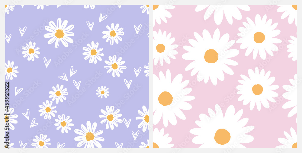 Set of daisy flower seamless pattern with purple and pink backgrounds ...
