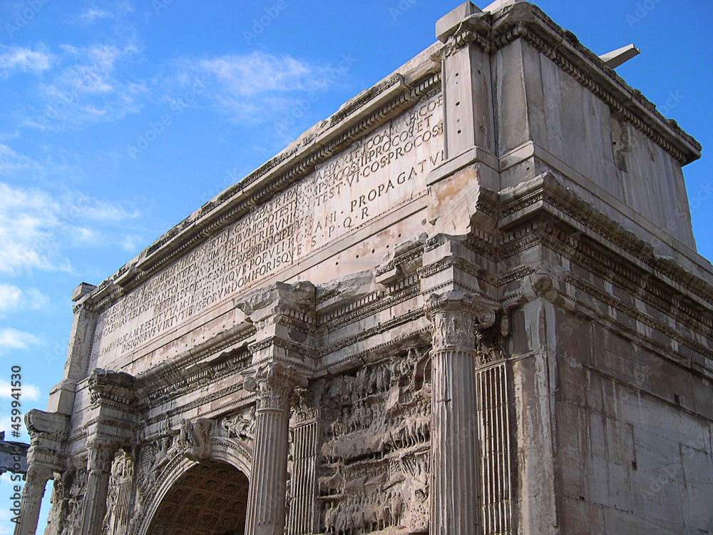 The Arch of Septimius Severus in the Forum is a white marble triumphal ...