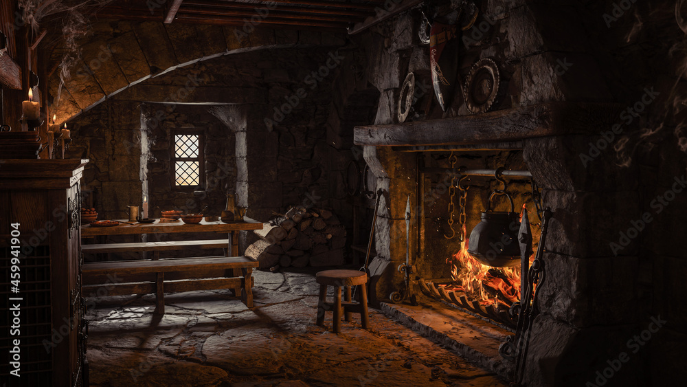 3D rendering of a medieval tavern inn bar with large open fireplace and ...