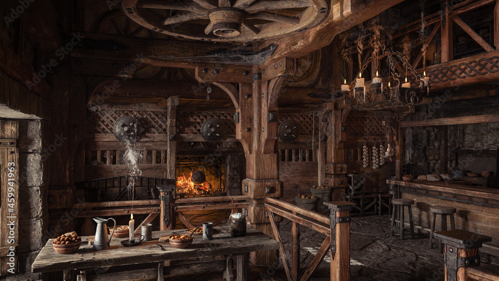 3D rendering of a medieval tavern inn interior with a table of food and ...