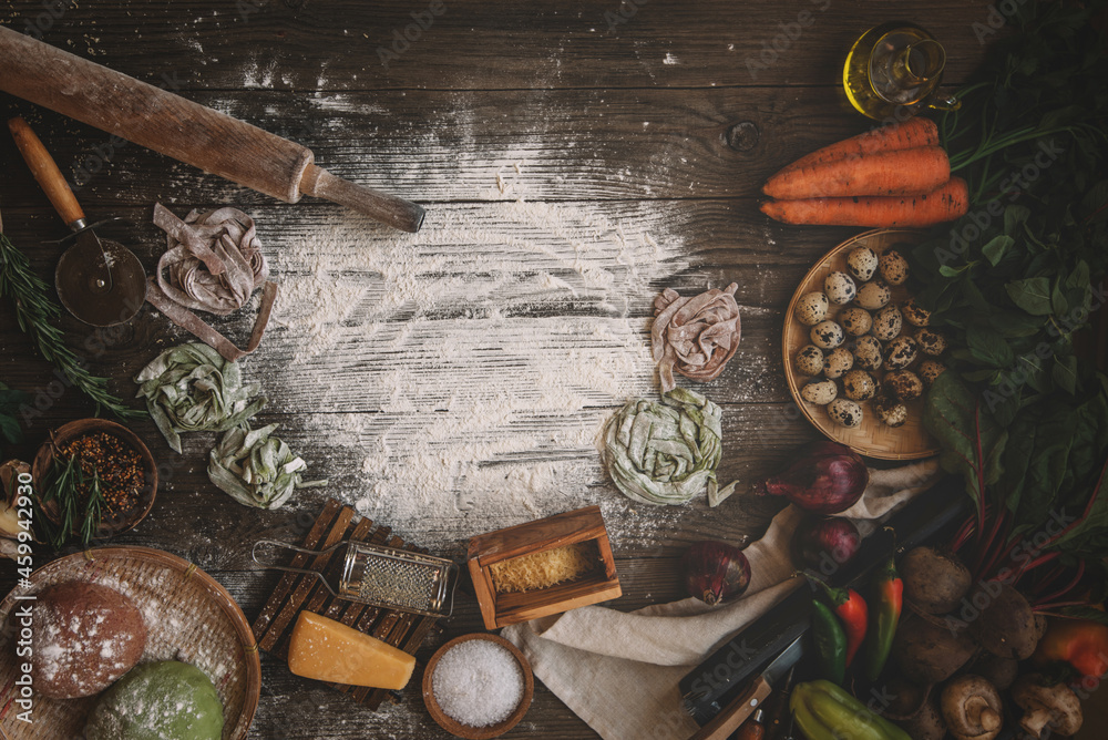 Ingredients for making pasta on a rustic background, top view. Flat lay ...