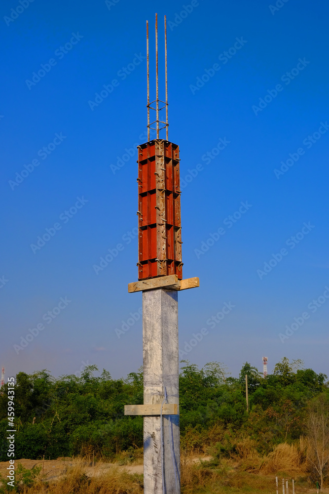 Reinforced concrete columns in the construction site. Construction ...