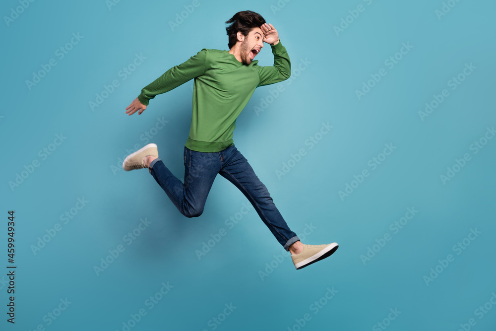 Full size profile photo of funky funny man running in air look ...
