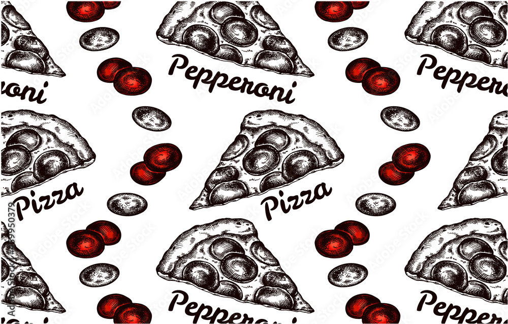 Sketch hand drawn pattern with black and white pepperoni pizza ...