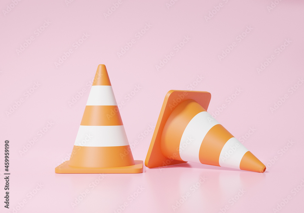 Two Orange traffic cones with white stripes on pink background ...