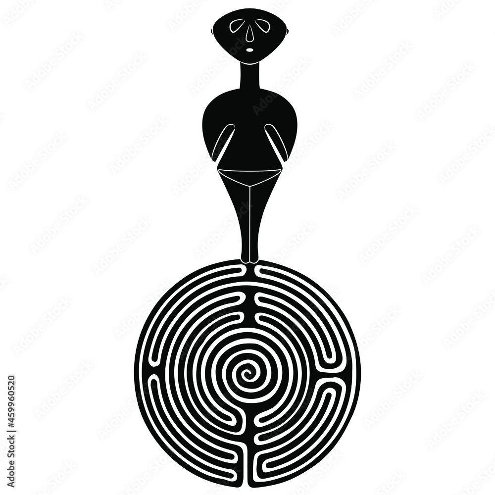 Female figurine of a fertility goddess on top of a round spiral maze or ...