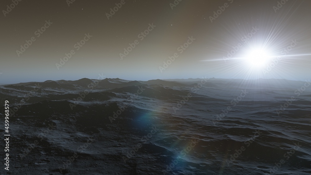 realistic surface of an alien planet, view from the surface of an exo ...