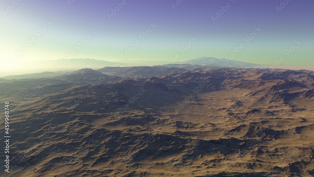 realistic surface of an alien planet, view from the surface of an exo ...