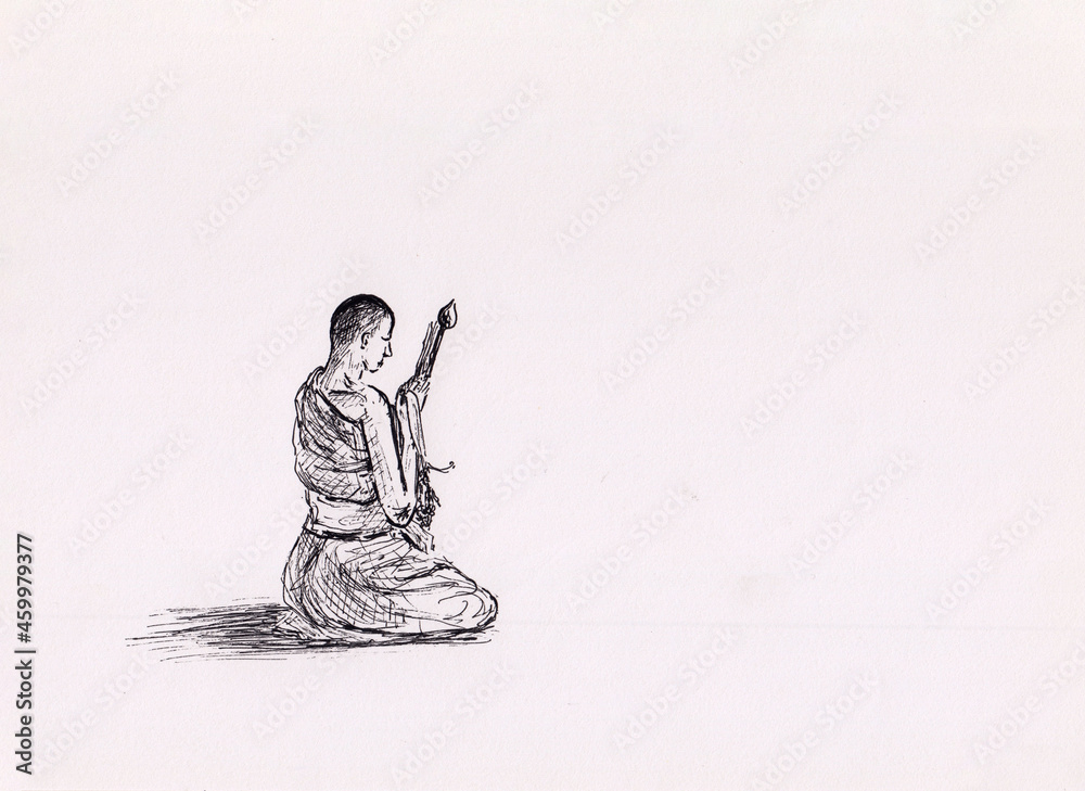 Ink pen drawing with Buddhist monk with lotus flower. Artistic ...