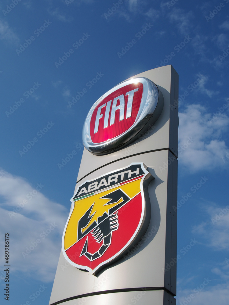 fiat and abarth symbols on a sign outside a car dealership in holbeck ...