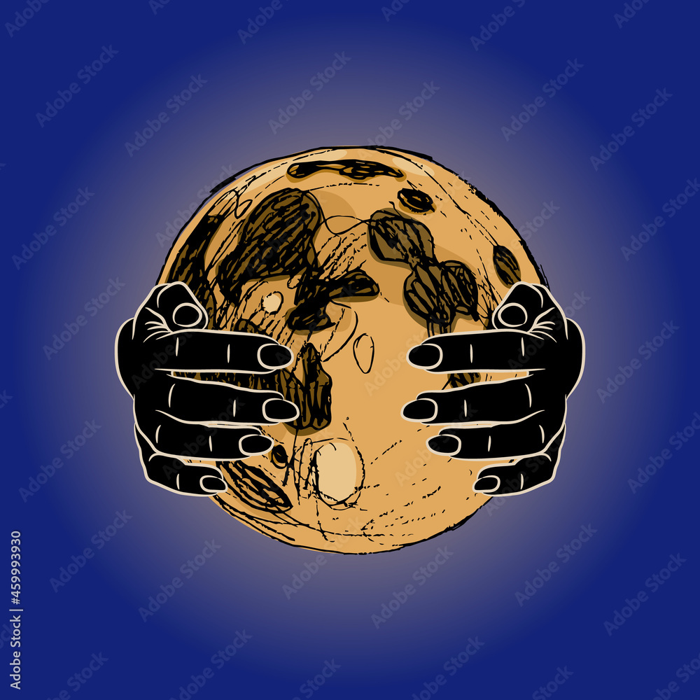 Two silhouetted human hands holding full moon in moonlight halo ...