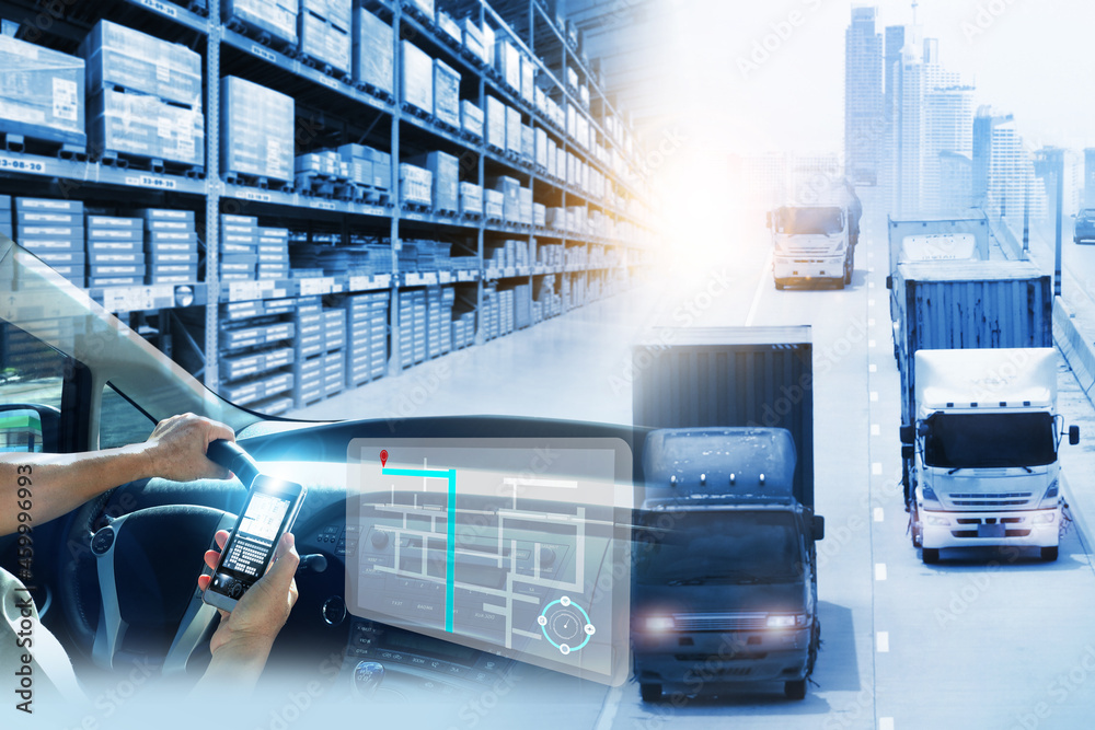 Double exposure of driver operator delivery industry and logistics ...