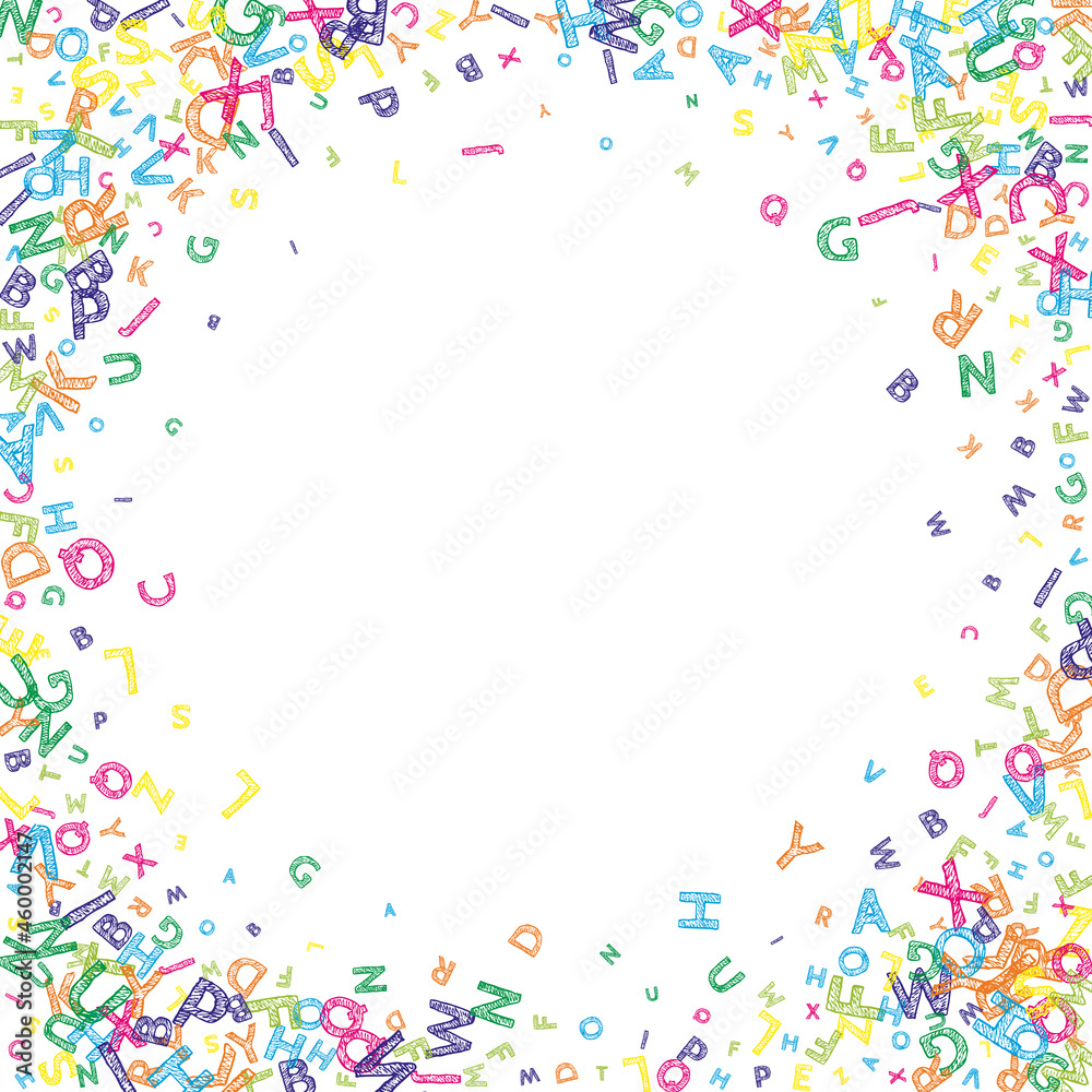 Falling letters of English language. Colorful messy sketch flying words ...