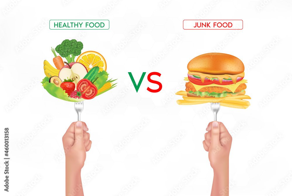 Healthy food versus junk food. Diet nutrition and weight loss Greasy cholesterol and vitamins ...