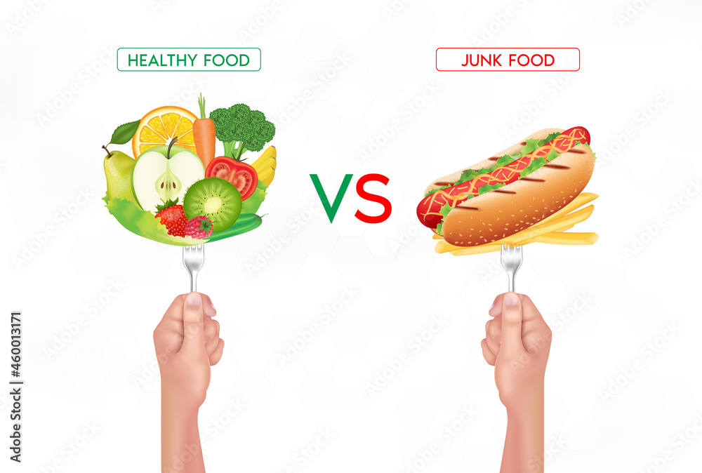Healthy food versus junk food. Diet nutrition and weight loss Greasy ...