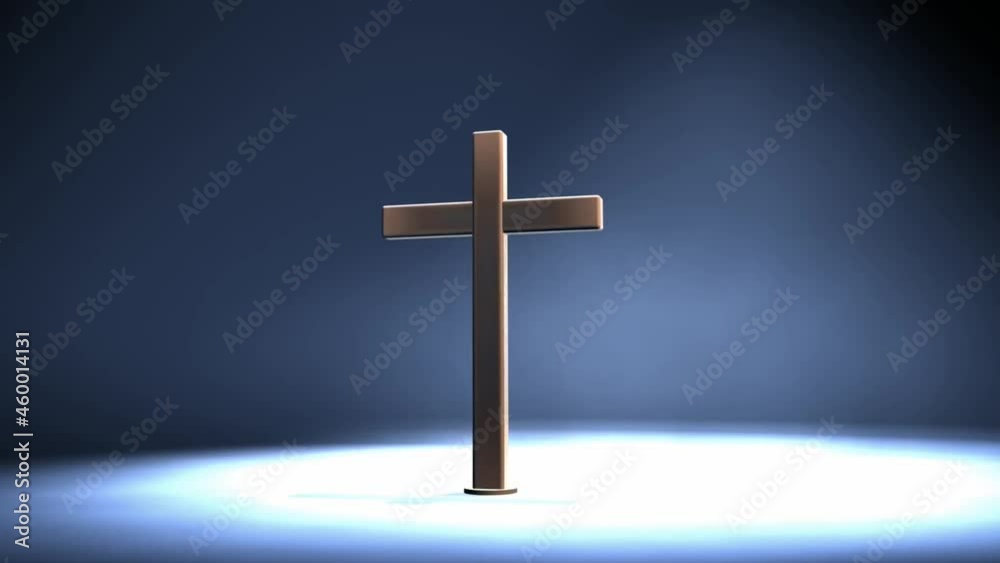 3D Christian cross rotates dark in spot light.Animated shinning simple ...