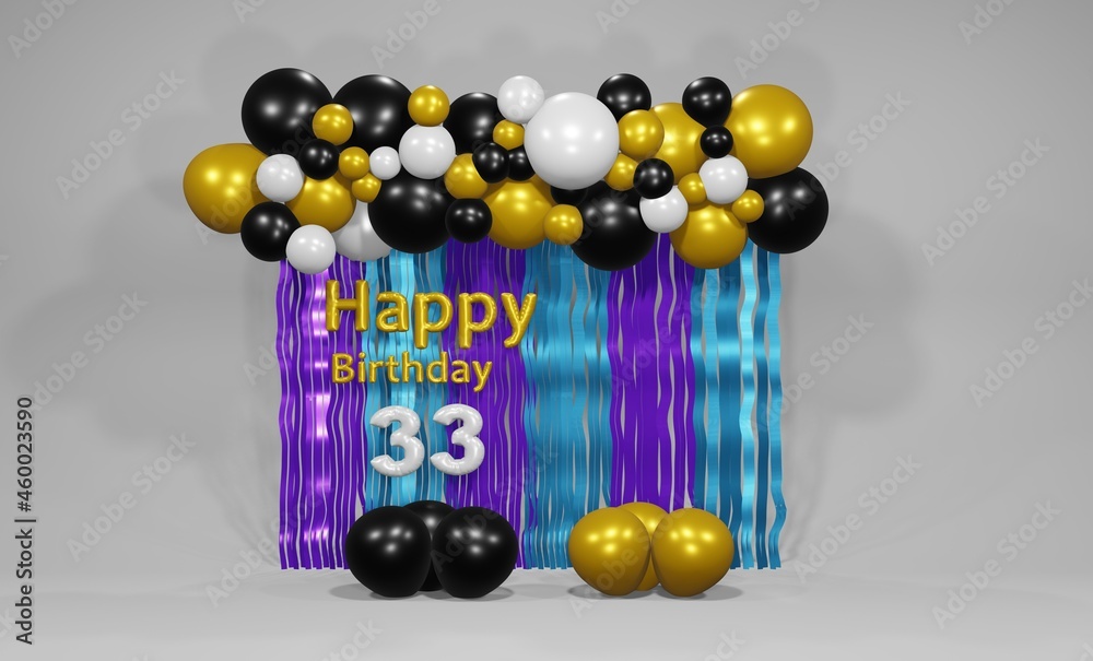 33rd birthday background 3d image render with black and white gold ...