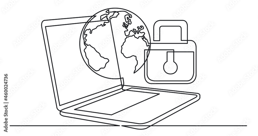 one line drawing of laptop computer with earth globe and lock as ...