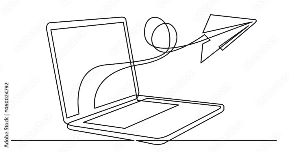 one line drawing of laptop computer with paper plane as business ...