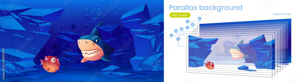 Puffer fish and angry shark under water in sea or ocean. Vector ...
