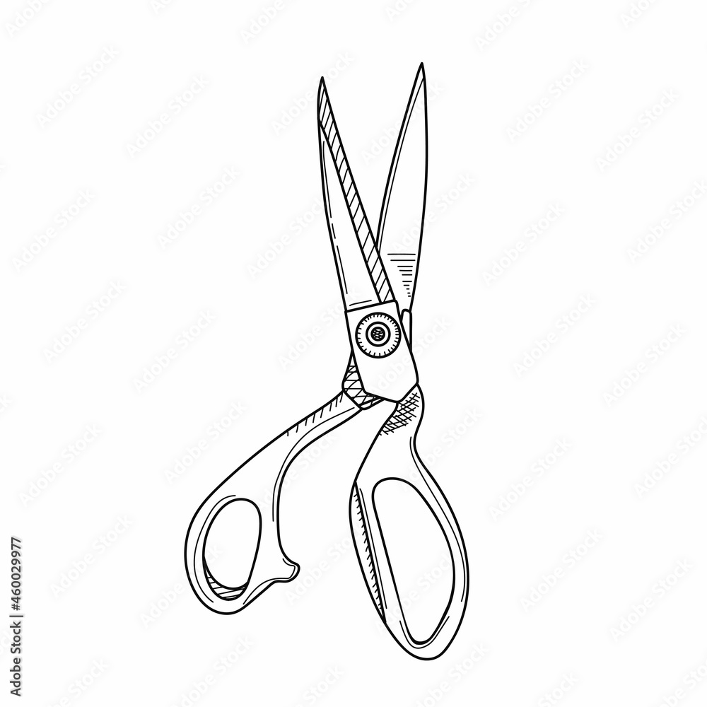 Drawing, engraving, ink, line art, vector illustration scissors sketch ...