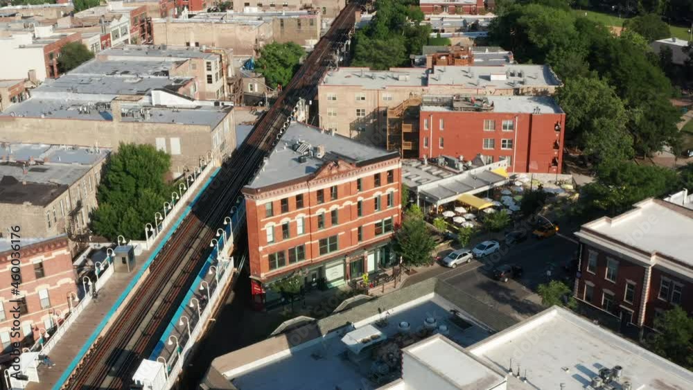 Light Rail (LRT) through the city center. Top view of a train tracks ...