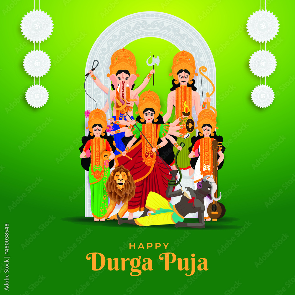 illustration of Goddess Durga with family including Lord Ganesha ...