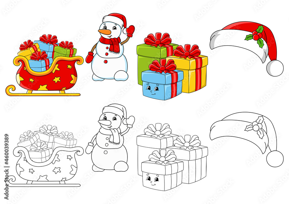 Set coloring page for kids. Merry Christmas theme. Cute cartoon ...