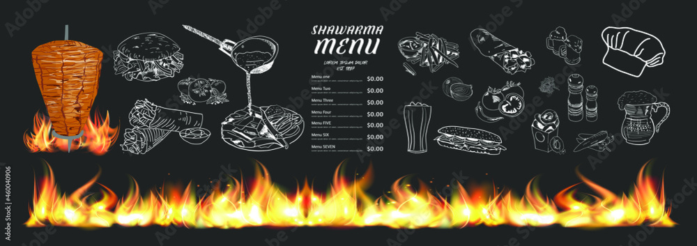 Shawarma cooking and ingredients for kebab. Doner kebab hand drawn ...