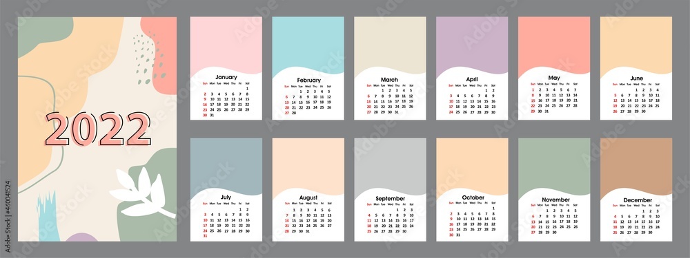 Calendar template for the year 2022. set of pages for 12 months of 2022 ...
