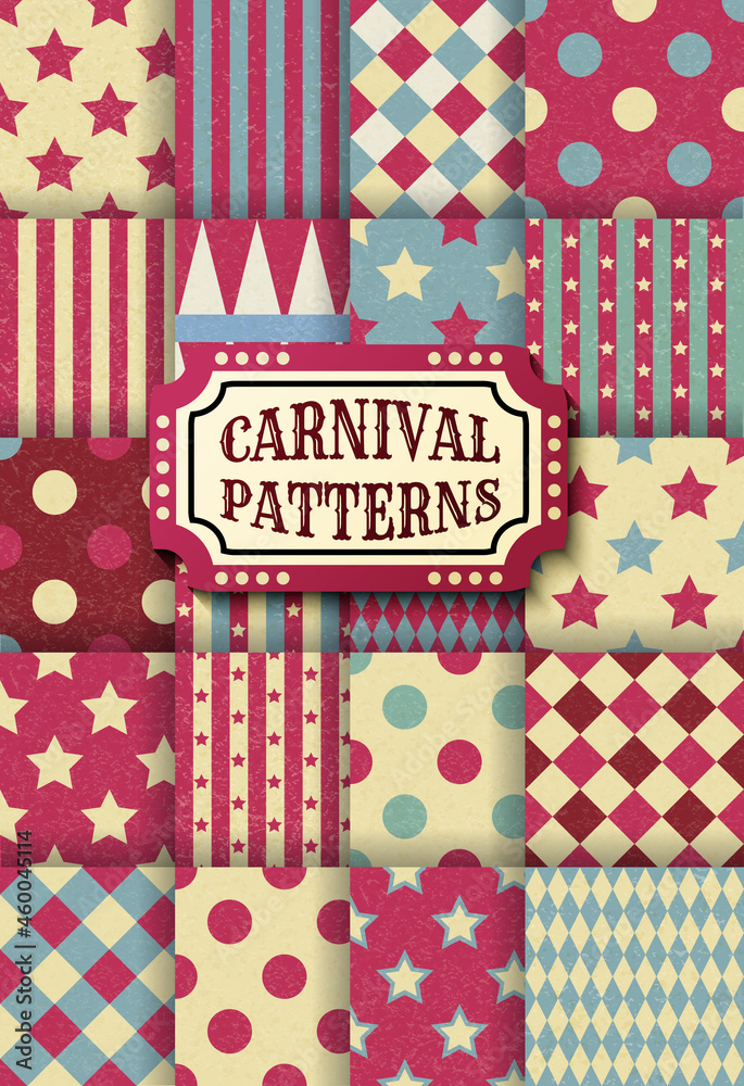 Set of carnival retro vintage seamless patterns. Textured old fashioned ...