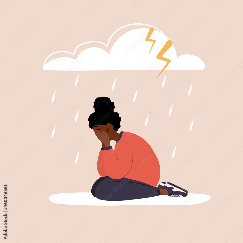 Sad african woman sitting under rainy cloud. Depressed teenager crying ...