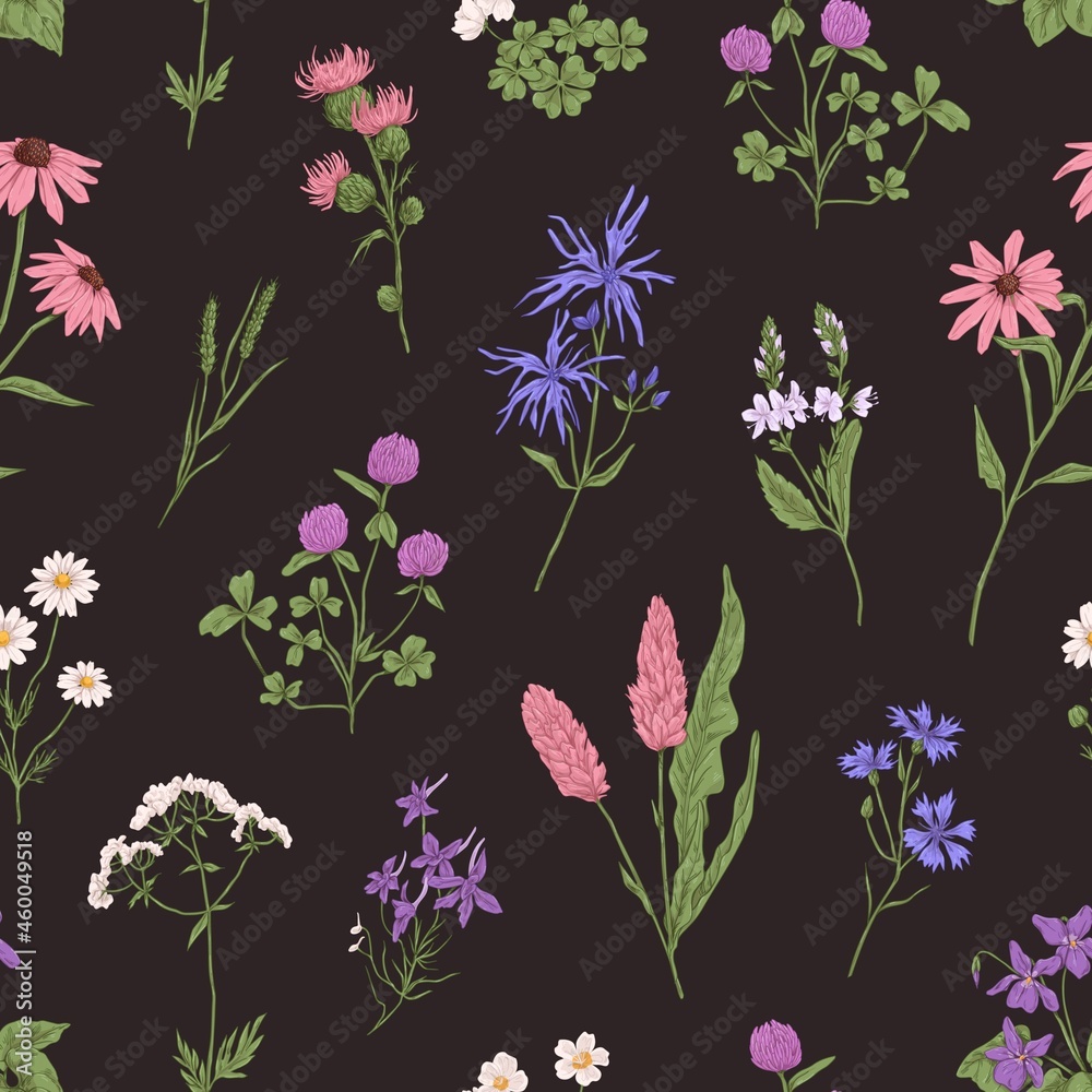 Wild flower pattern on black background. Seamless botanical texture ...