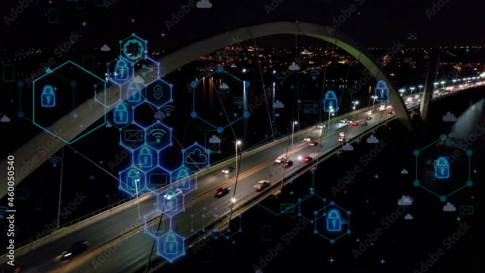 Futuristic night scape at bridge in downtown city with futuristic ...