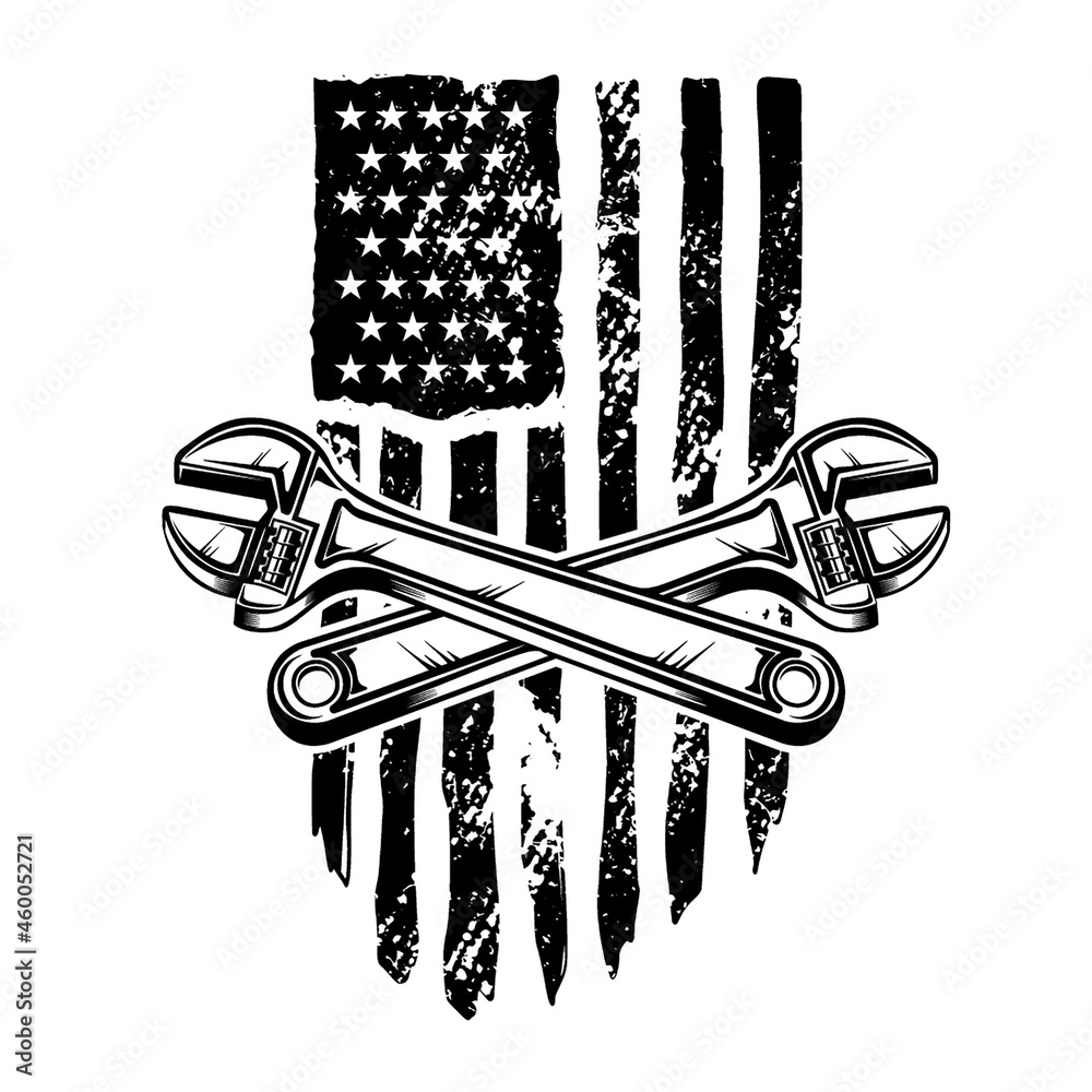 Illustration of crossed wrenches on american flag background. Design ...