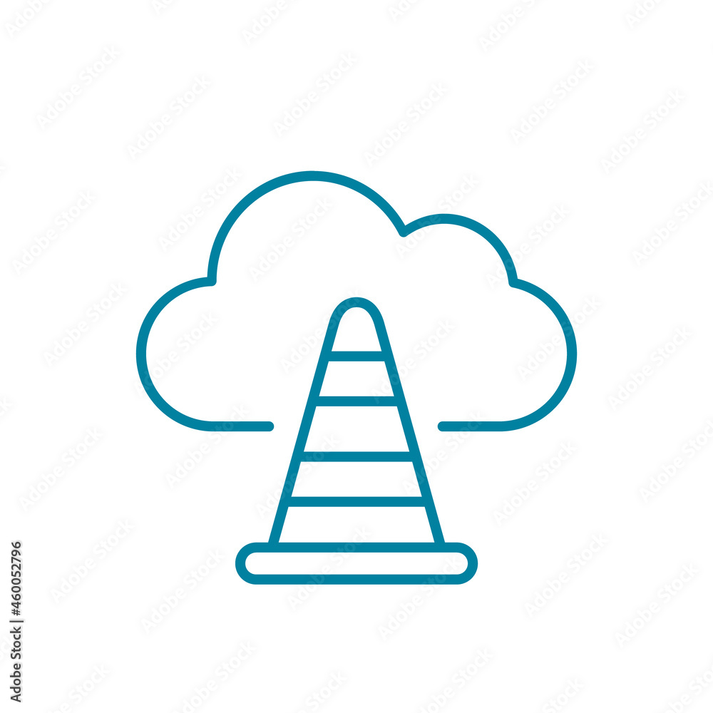 Cloud under construction line icon. Cloud computing with road cone symbol. Server maintenance ...