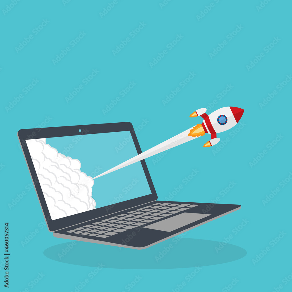 App launch. Startup vector concept, flat cartoon rocket or rocketship ...